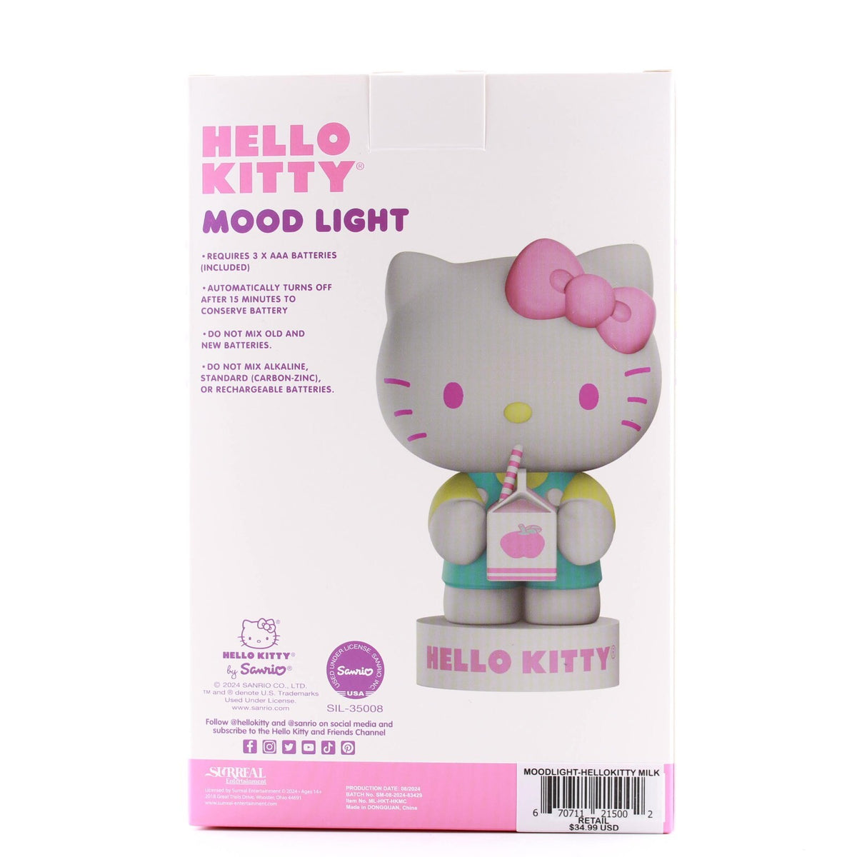 Sanrio Hello Kitty - Hello Kitty w/ Milk Carton - 7" Mood Light AAA Ba ...